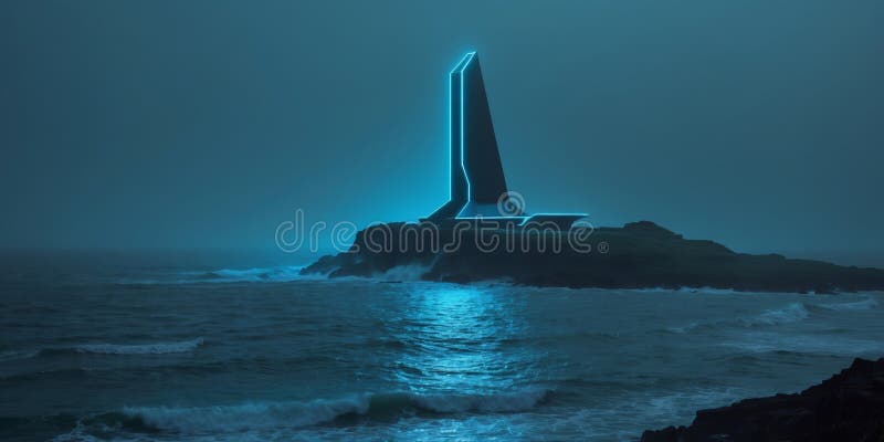 Futuristic Lighthouse Illuminated with Neon Blue Light in Cyberpunk ...