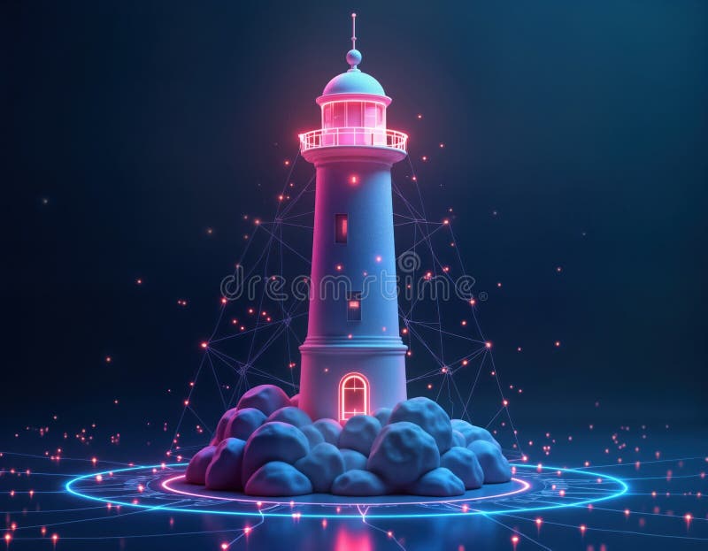 Futuristic Lighthouse Stands on Digital Network Base. Neon Lights ...