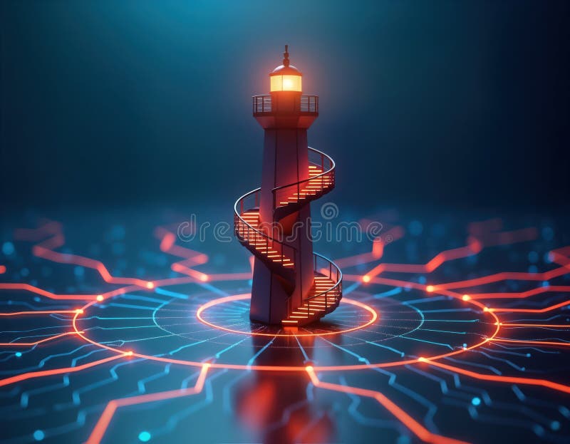 Futuristic Lighthouse Stands on Network of Glowing Lines. Digital Glow ...
