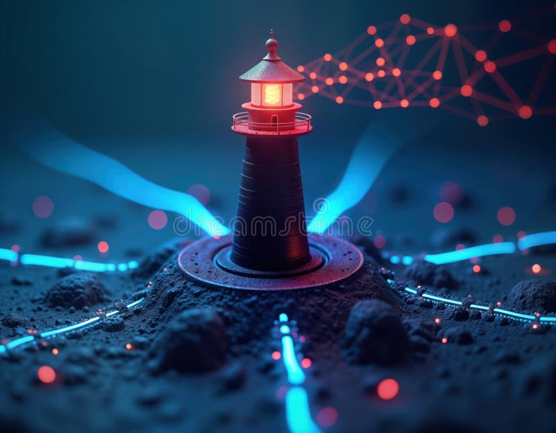 Futuristic Lighthouse Stands on Tech Network Landscape. Neon Glow ...