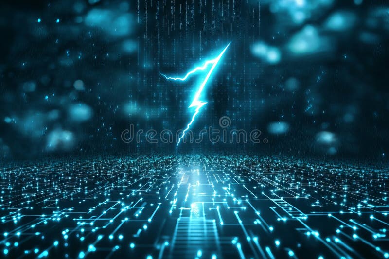 Futuristic Lightning Bolt with Digital Data Flow Background Stock ...