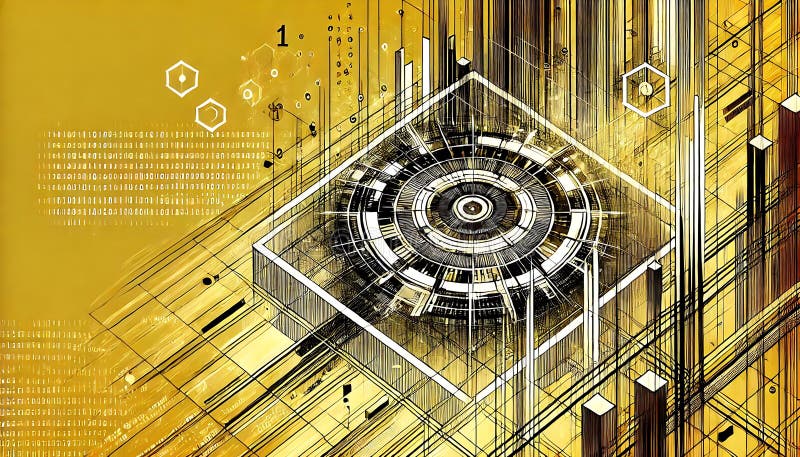 Futuristic Line Art of Digital Clock Displaying Binary Code, Layered on Yellow Abstract ...