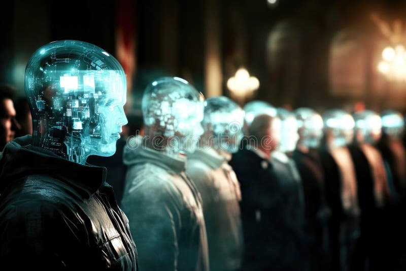 Futuristic Line of Humanoid Robots with Transparent Heads in Dimly Lit ...