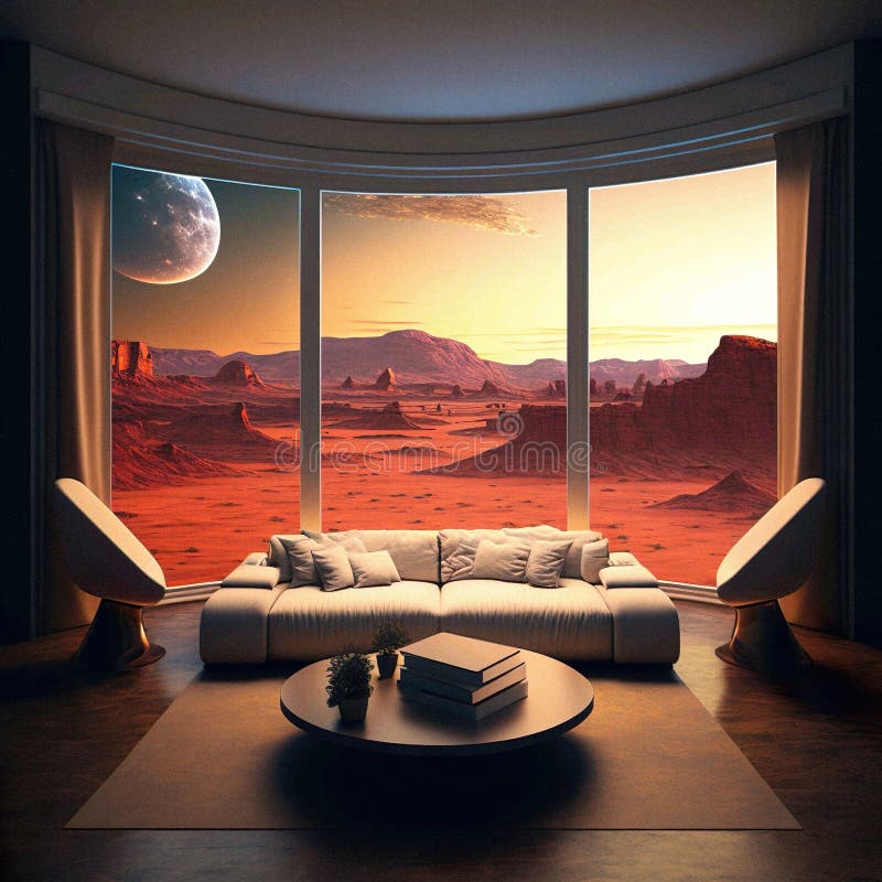 Futuristic Living: Modern Lounge with a View of Alien Desert Planet and ...