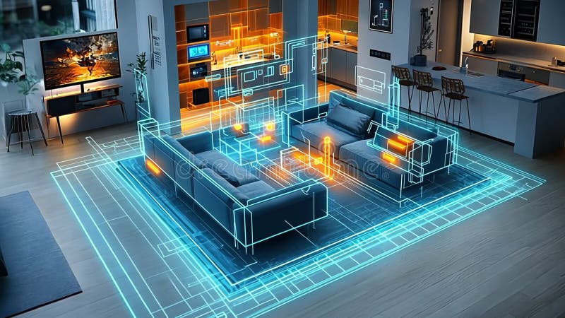 Futuristic Living Room Design Digital Blueprint with Glowing Elements ...
