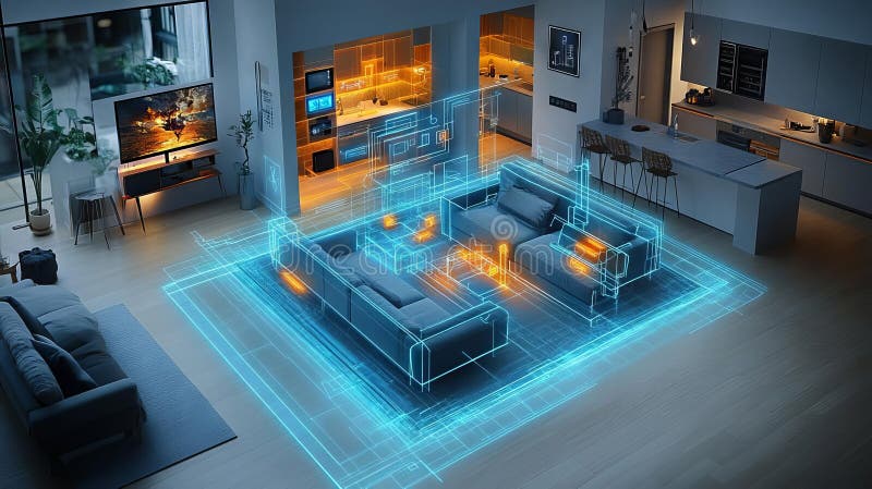 Futuristic Living Room with Digital Overlays for Smart Home Technology ...
