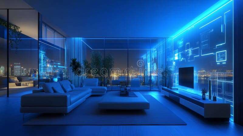 Futuristic Living Room Featuring Smart Home Technology and Digital ...