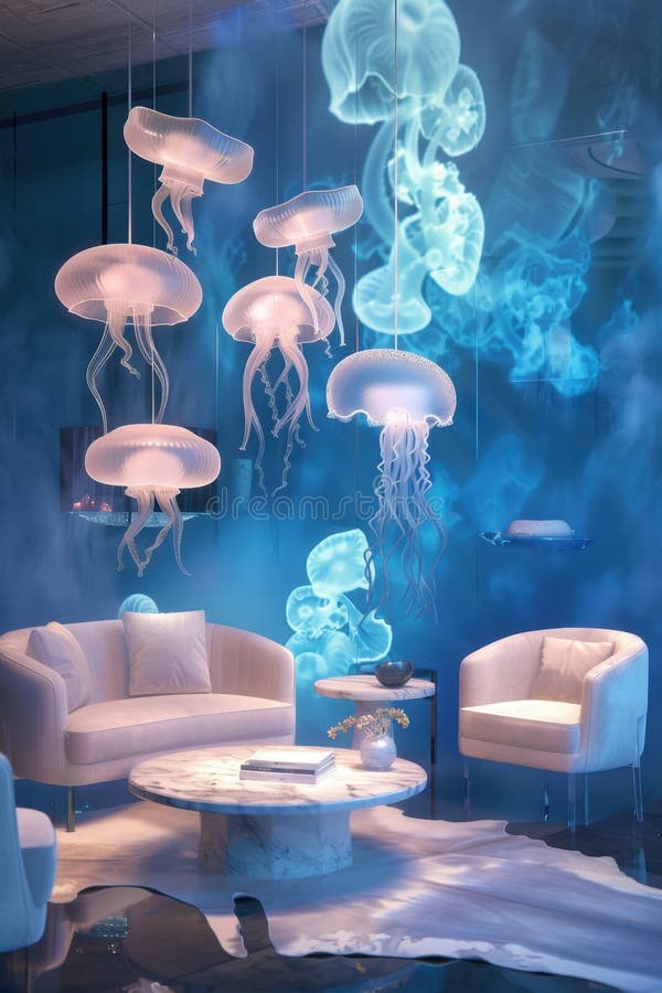 Futuristic Living Room with Jellyfish-inspired Lighting Design Stock ...