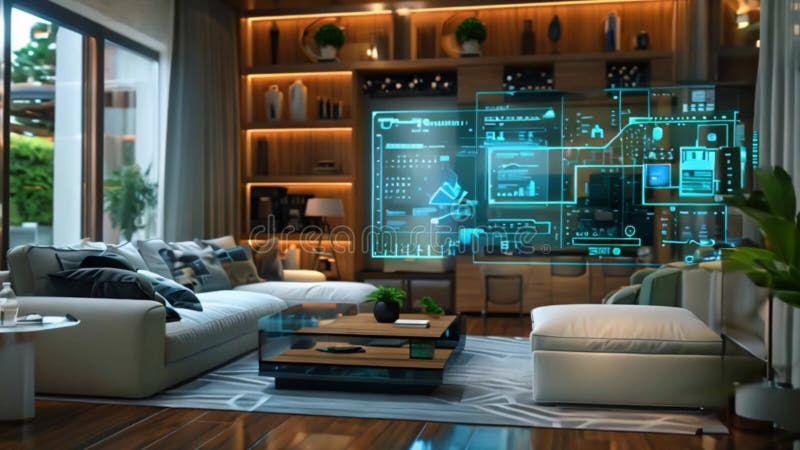 Modern Living Room with Holographic Smart Home Interface Stock Footage ...