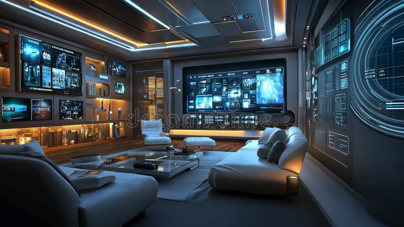 Futuristic Living Room with Large Screens Displaying Data and a ...