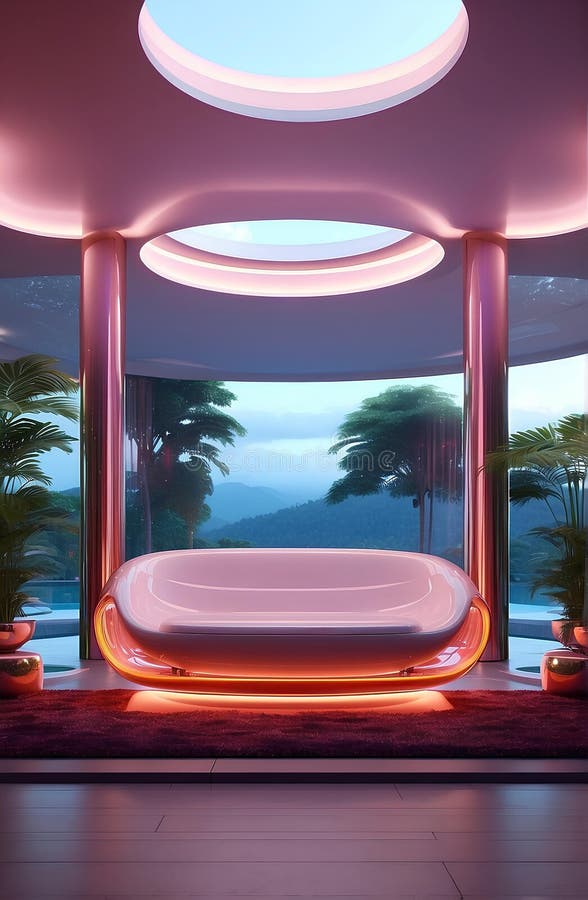 Futuristic Living Room Neon Lights Modern Architecture Stock Photo ...