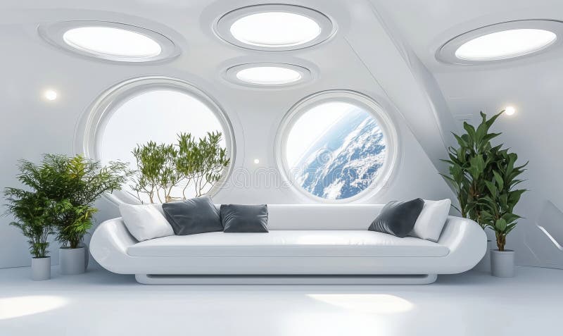 Futuristic Living Room with Panoramic Windows and Plants Overlooking ...
