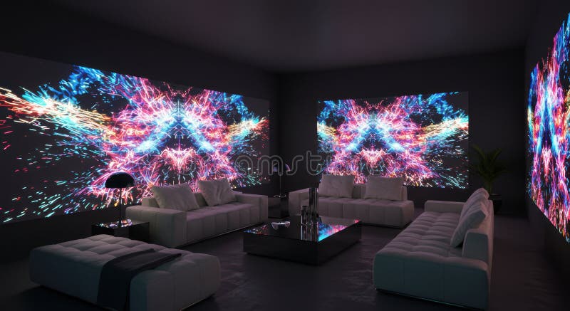 Futuristic Living Room with Vibrant Neon Light Displays on Multiple ...