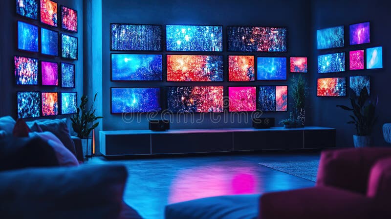 Futuristic Living Room with Vibrant Screens Displaying Abstract Data ...