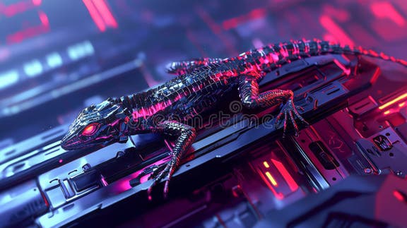 Futuristic Lizard with Metallic Scales in Neon Sci-fi Setting. Concept ...