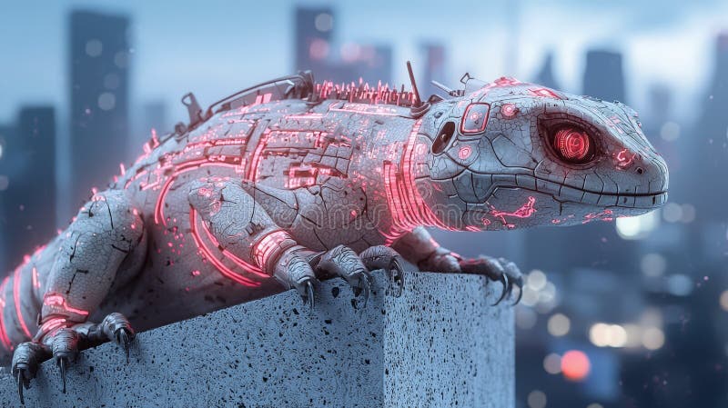 A Futuristic Lizard with Neon Features Perched on a Ledge in a ...