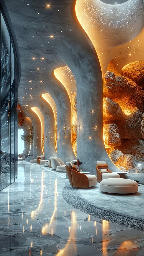 Futuristic Lobby with Interactive Installations and High-tech Features3D Render Stock ...
