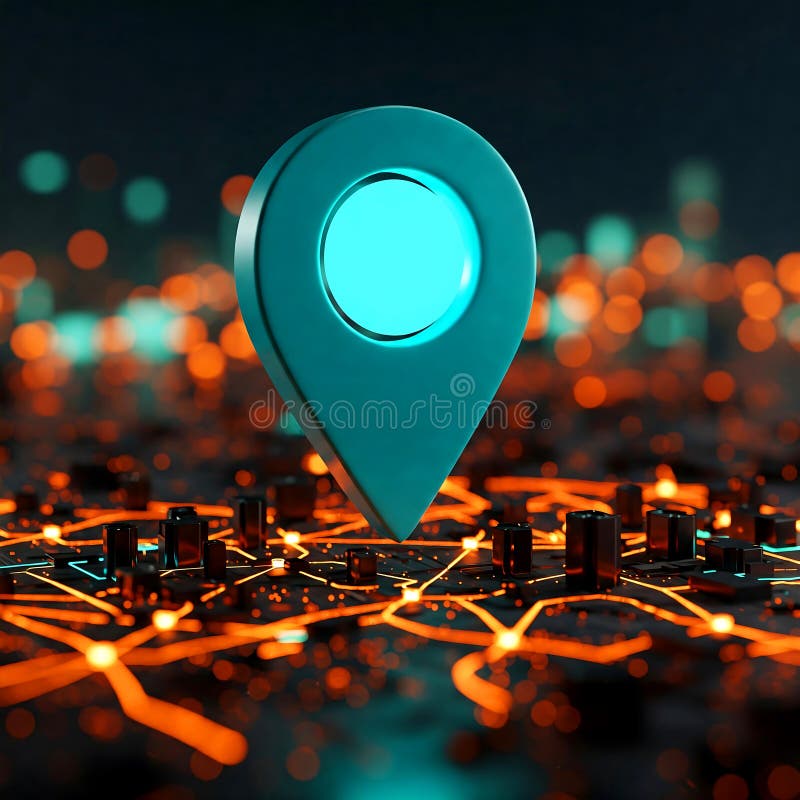 Futuristic Location Pin on a Networked Cityscape Stock Illustration ...