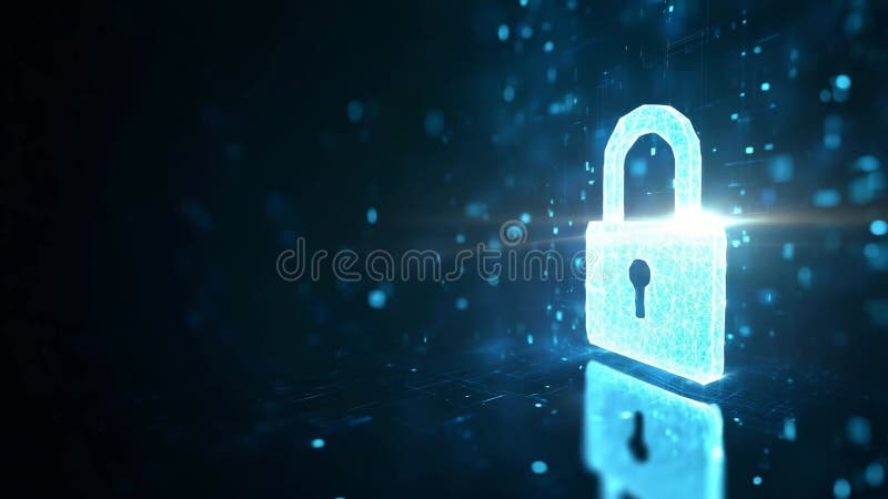 Holographic Padlock Glowing in Blue Digital Particles on Dark ...
