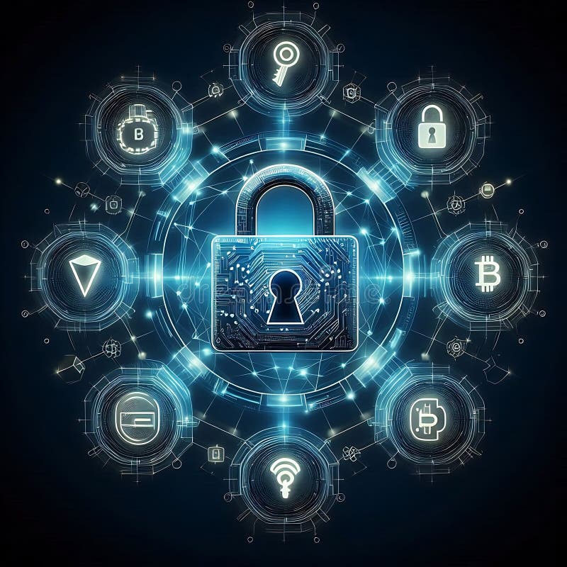 Futuristic Lock and Key with Blockchain Icons for Data Security Stock ...