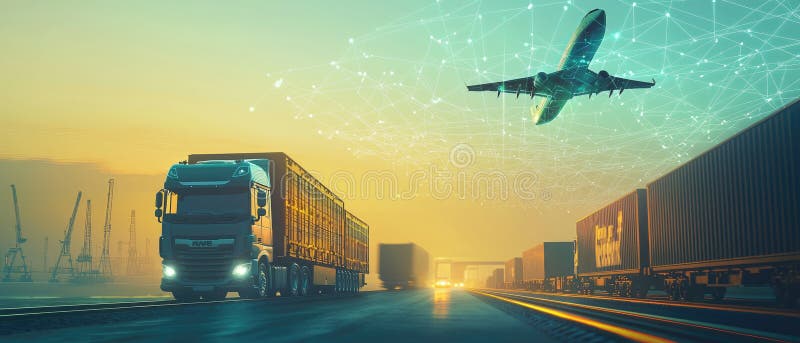 Futuristic Logistics Network, Cargo Truck, Train, and Airplane in 3D ...