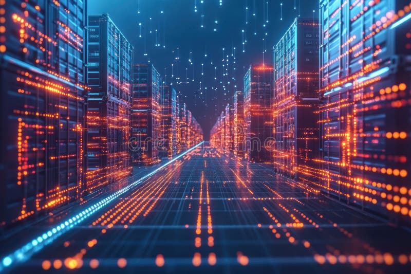 Futuristic Warehouse with Shelves and Illuminated Pallets Creates ...