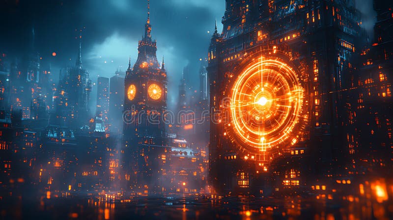 Futuristic London Clock Tower Glowing, City Night Stock Illustration ...