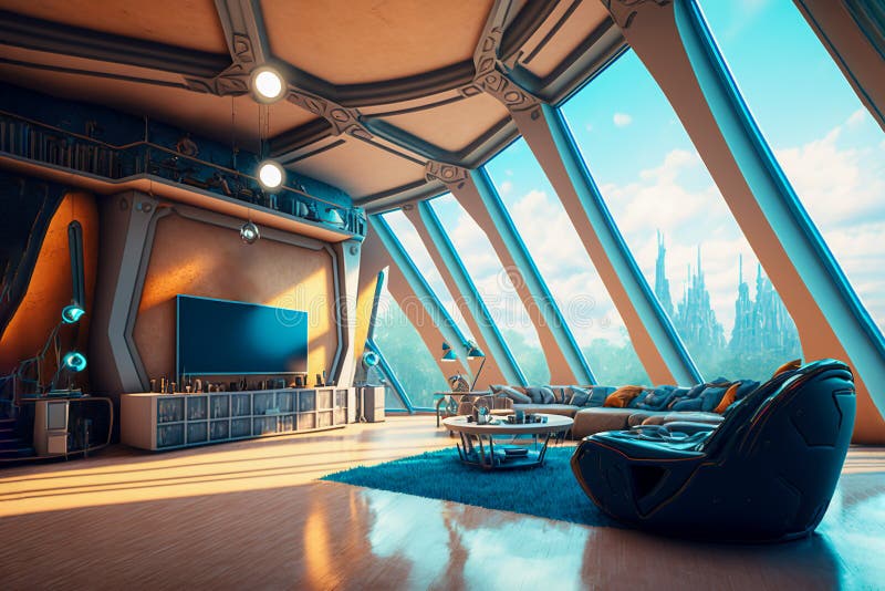 A Futuristic Look of a Large Living Room with Huge Windows, Generative ...