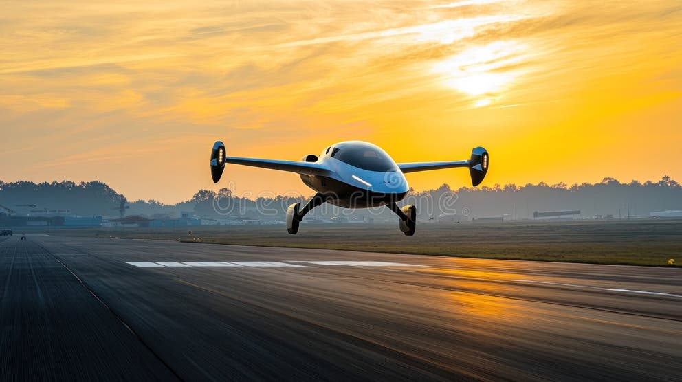 A Futuristic Looking Drone Taking Off on a Runway at Sunset Stock Photo ...