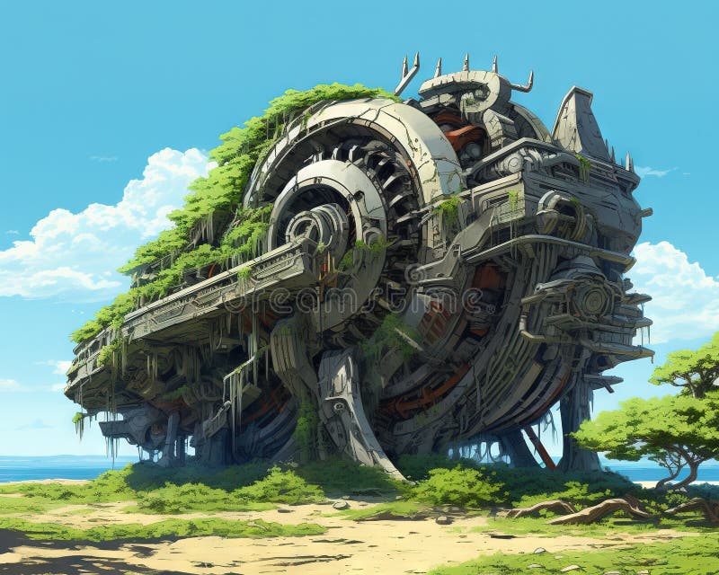 Futuristic Looking at a Giant Ancient Engine Covered with Leaves. Stock ...