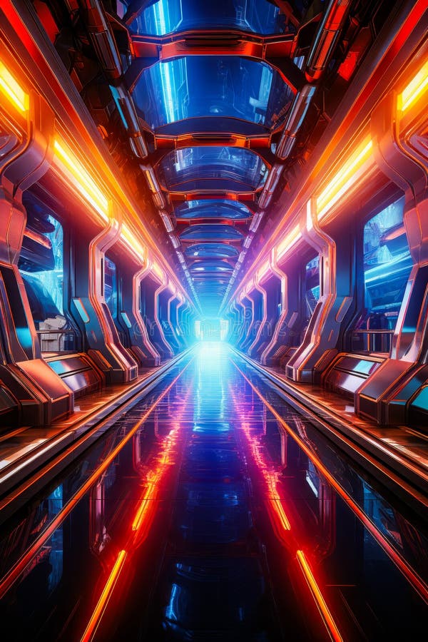 Futuristic Looking Hallway with Neon Lights and Bright Light ...