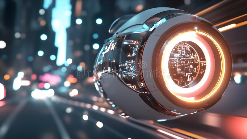 A Futuristic Looking Robot is Flying through the Night Sky Stock Photo ...