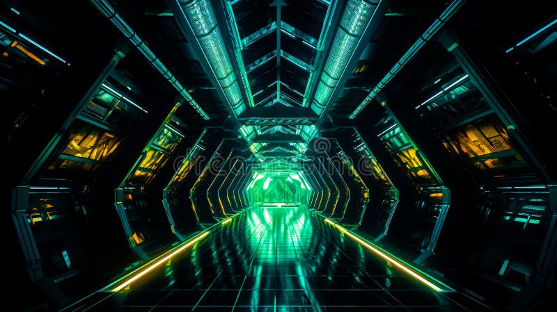 Futuristic Looking Room with Neon Lights and Long Hallway in the Center ...