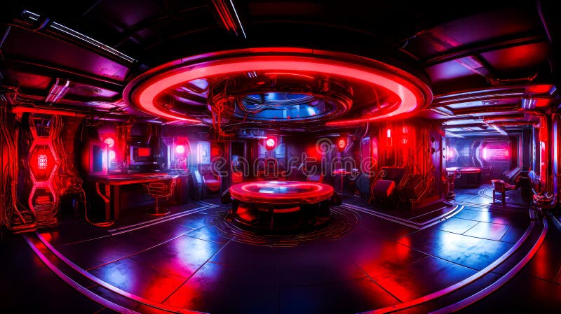 Futuristic Looking Room with Round Table and Red Lights on the Ceiling ...