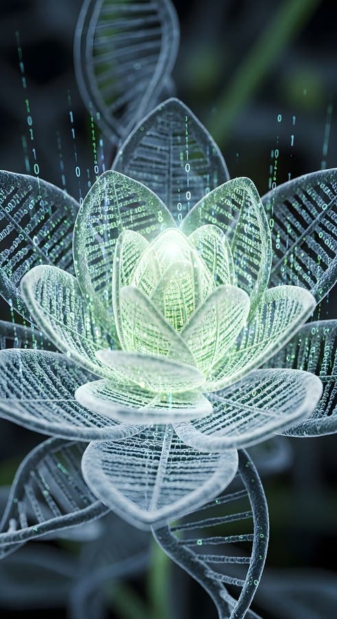Futuristic Lotus Flower DNA Helix and Binary Code - Digital Art Stock ...