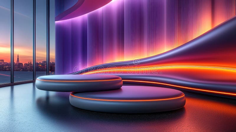 Futuristic Lounge, City Sunset, Neon Lights, Display Platforms Stock ...
