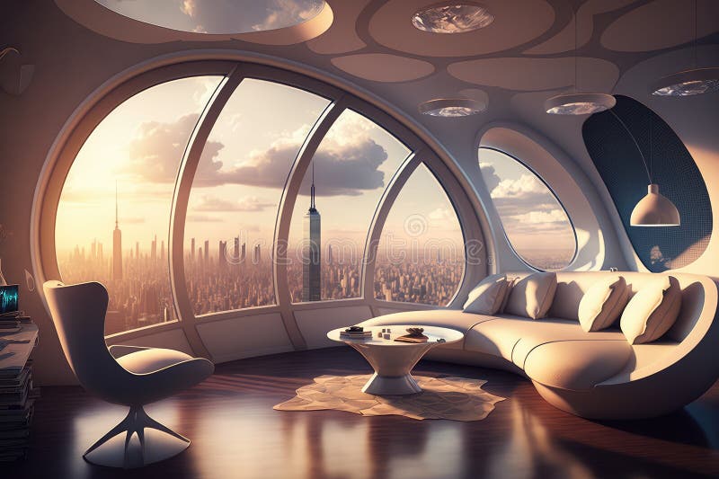 Futuristic Lounge, with Comfy Seating and Large Windows Overlooking the ...