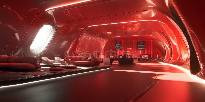 A Futuristic Lounge in Deep Red Tones with Translucent Walls, Embedded ...