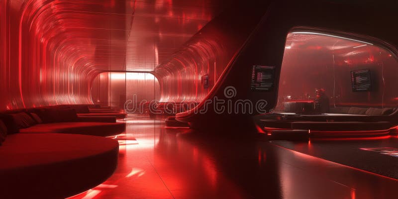 A Futuristic Lounge in Deep Red Tones with Translucent Walls, Embedded ...
