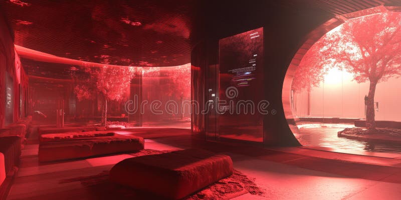A Futuristic Lounge in Deep Red Tones with Translucent Walls, Embedded ...