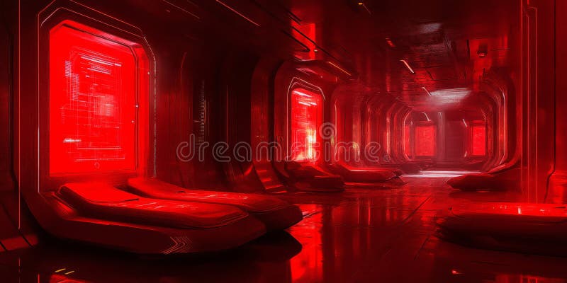 A Futuristic Lounge in Deep Red Tones with Translucent Walls, Embedded ...