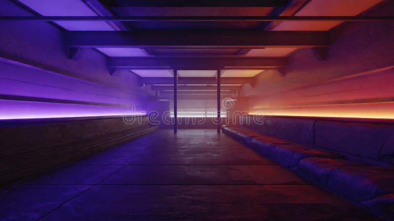 Futuristic Lounge Interior with Purple and Orange Lighting, Creating a ...