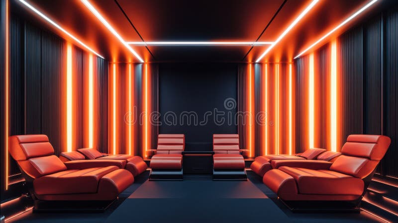 Futuristic Lounge with Red Armchairs and Ambient Neon Lighting Setup ...