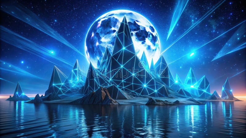 Futuristic Low Poly Mountain Range Illuminated by a Glowing Celestial ...