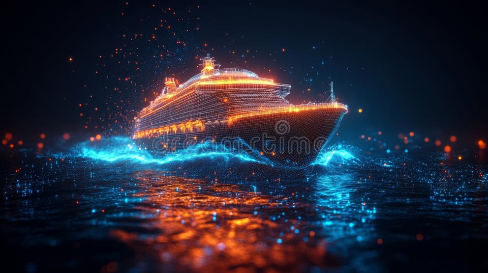 Futuristic Low Poly Wireframe Design of Illuminated Cruise Ship Sailing ...