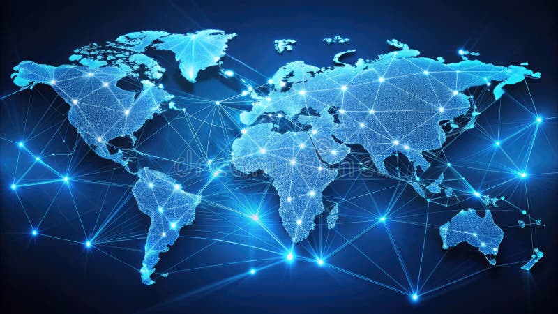 Futuristic LowLight Wireframe World Map of Global Air Travel Routes an ...