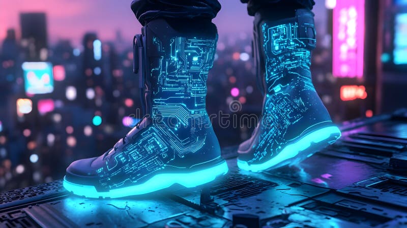 Futuristic Luminous Tech Boots in Neon Urban Nightscape Stock Photo ...