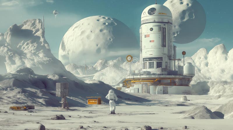 Futuristic Lunar Base with Astronauts Exploring Rocky Alien Terrain ...
