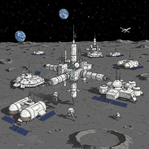 Futuristic Lunar Base on a Cratered Surface, with Interconnected ...