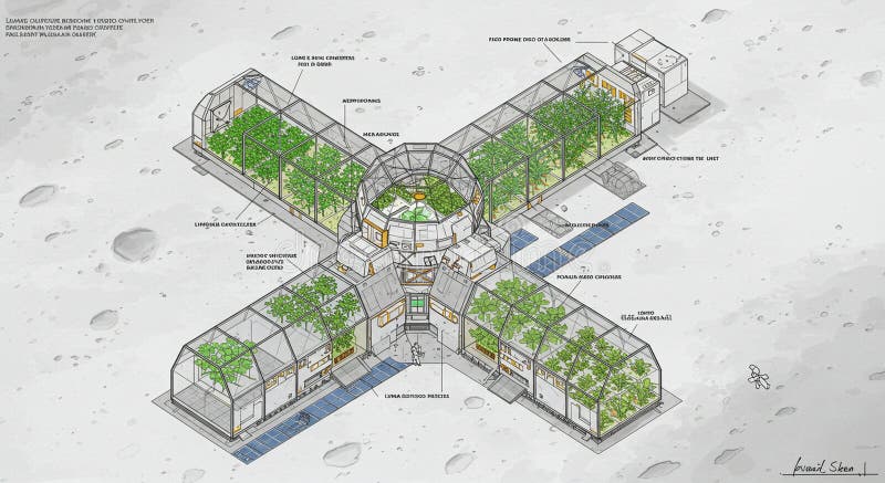 Futuristic Lunar Base Design Illustrated with Four Interconnected, Dome ...